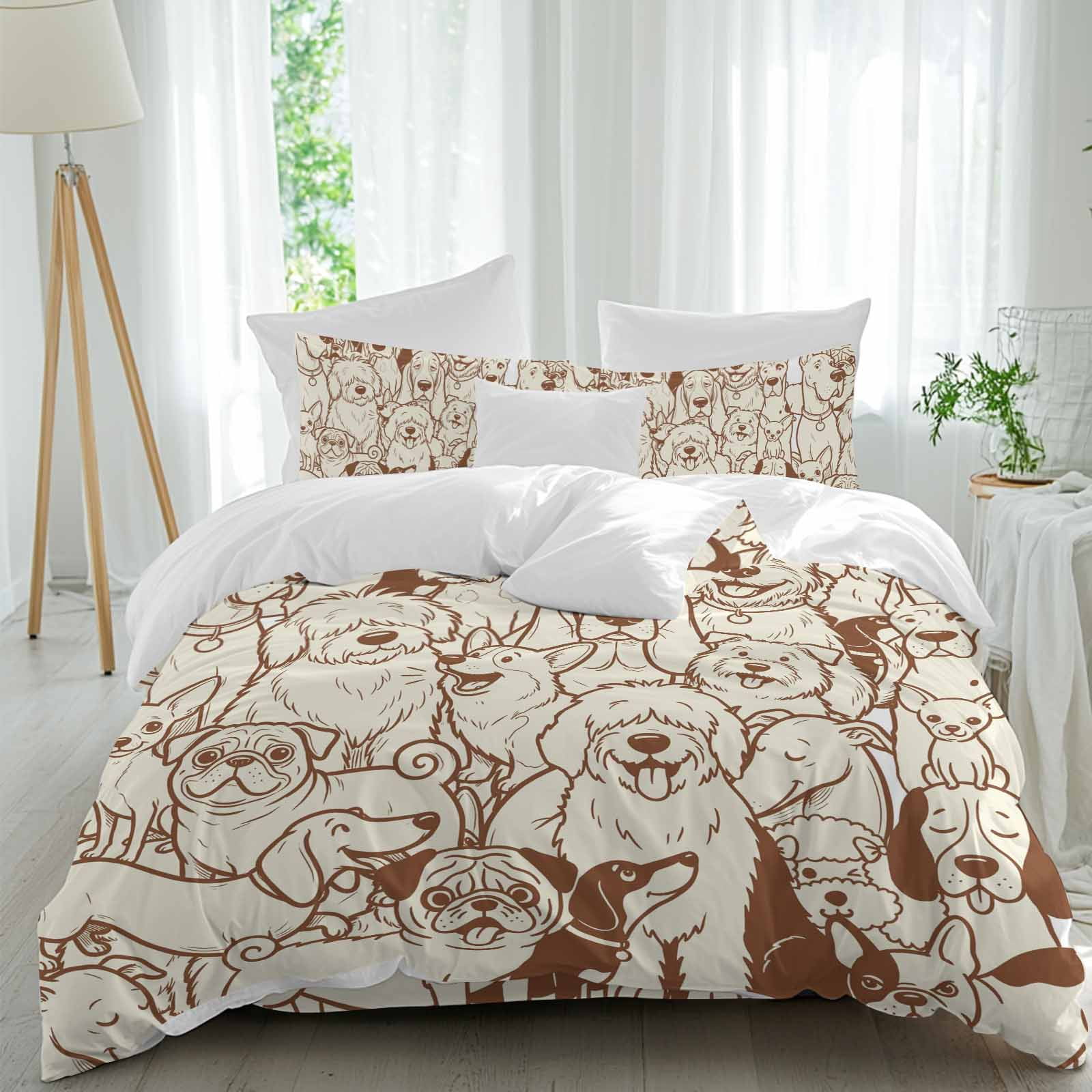 Beige Dag Duvet Cover Set Full Size, Brown Lines Puppy Cartoon Animal ...