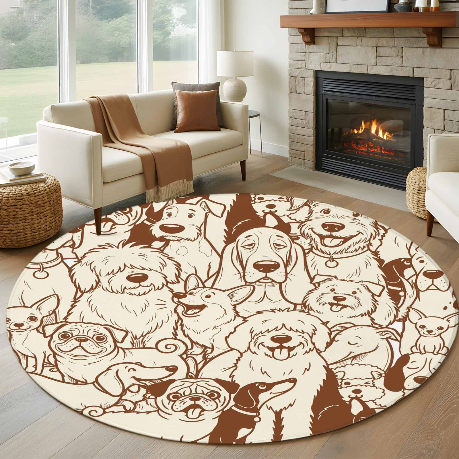 Beige Dag Round Living Room Rugs 8 ft, Brown Lines Puppy Cartoon Animal ...