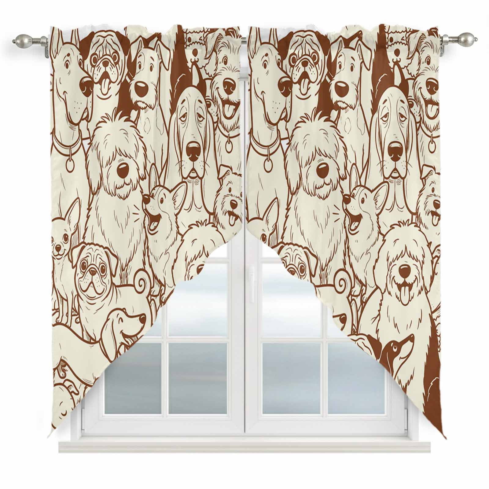 Beige Dag Swag Curtain Valance for Window 2 Panels Brown Lines Puppy ...