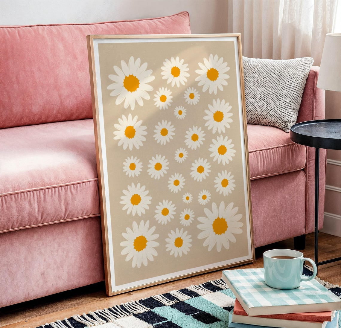 Beige Daisy Art Poster Boho Floral Illustration Poster, Unframed Canvas ...