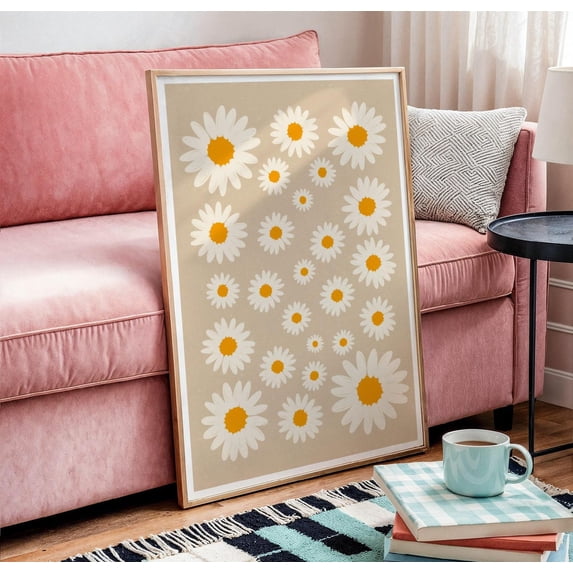 Beige Daisy Art Poster Boho Floral Illustration Poster, Unframed Canvas ...