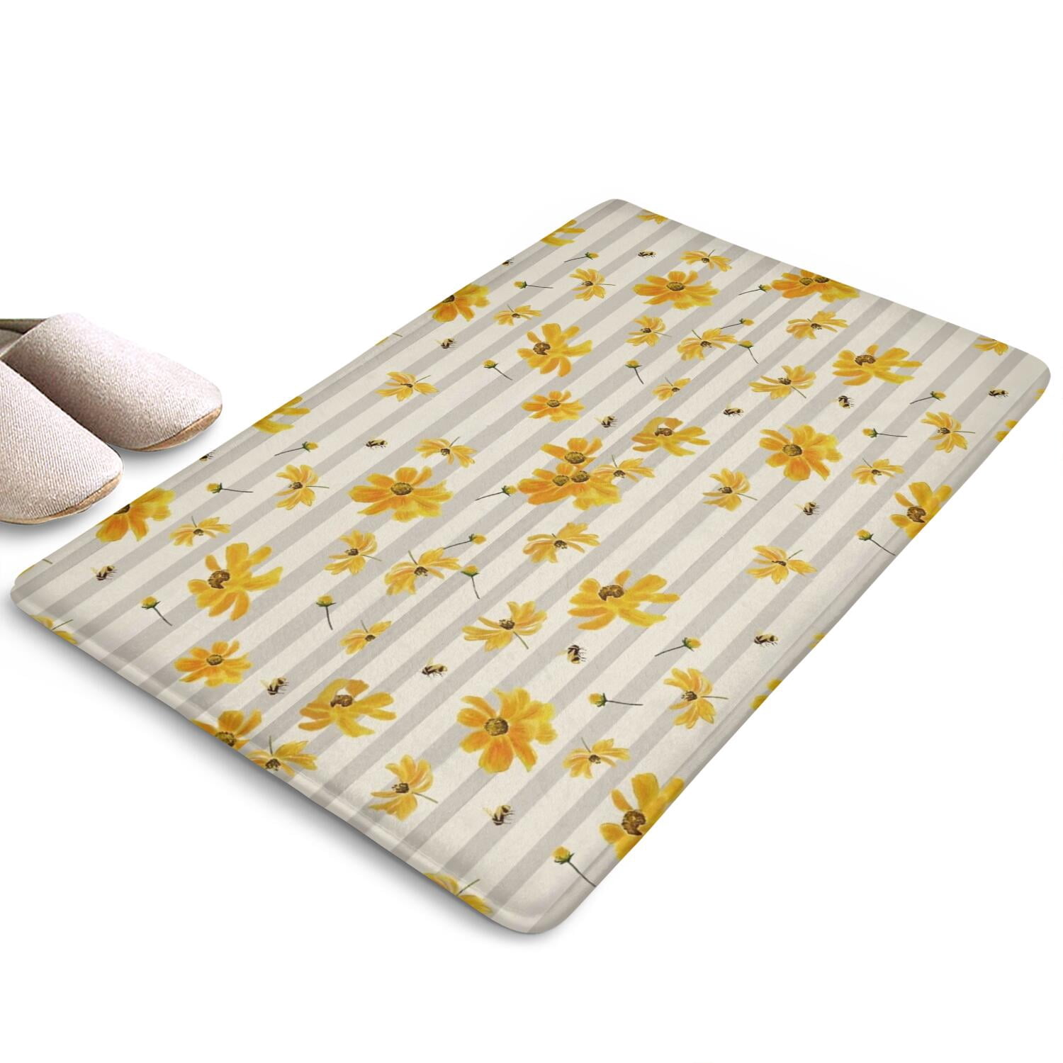 Beige Daisy Flower Yellow Blooms Flannel Non Slip Door Rugs,Washable ...