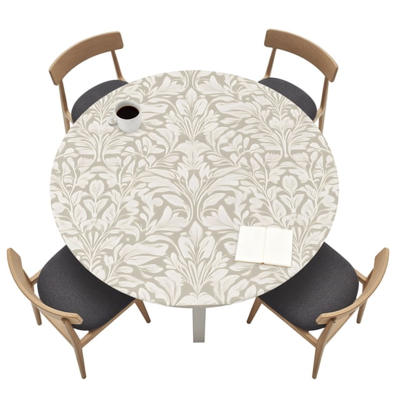 Beige Damask Floral Round Fitted Table Cover Classic Scroll Foliage ...