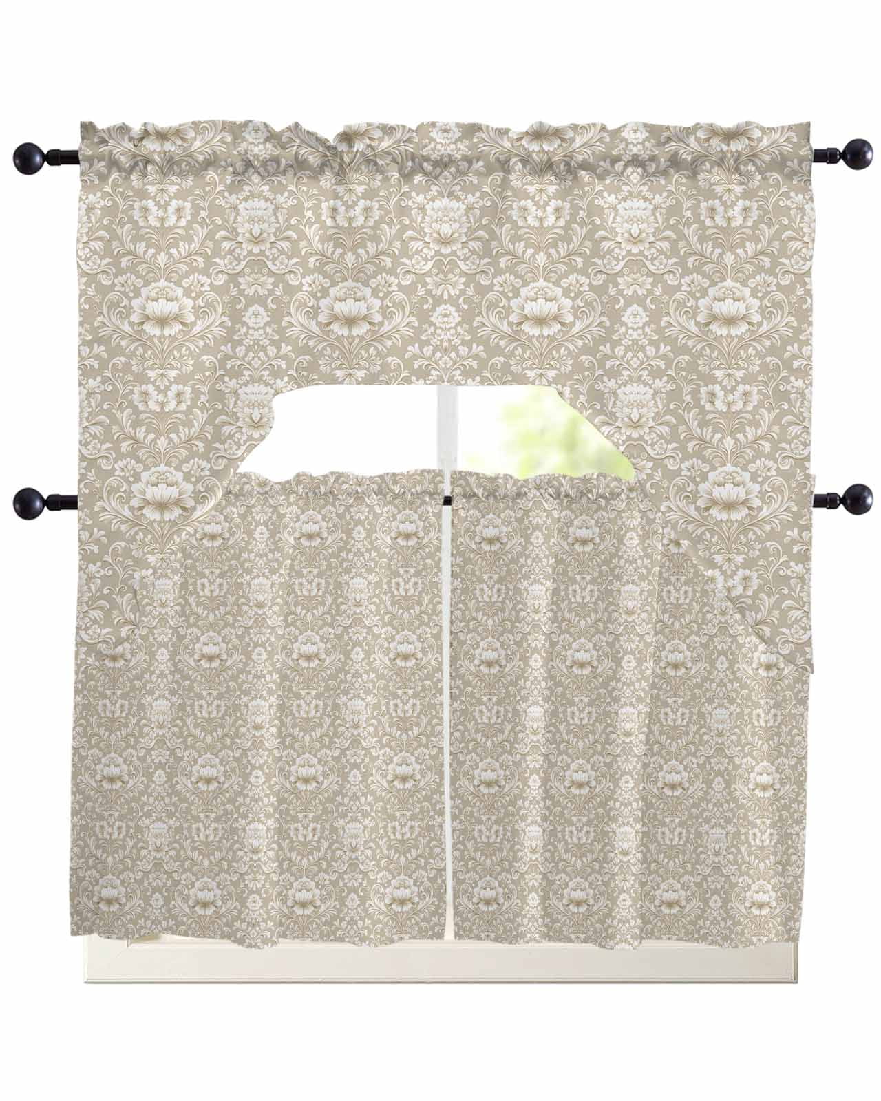 Beige Damask Kitchen Curtains Swag Valance and Tier Curtains Set 36 ...