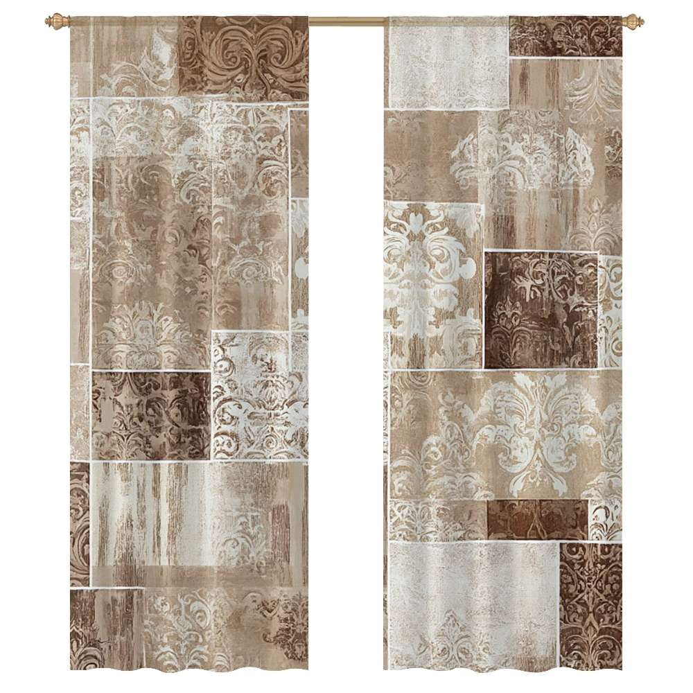 Beige Damask Patchwork Design Sheer Window Curtains for Living Room ...