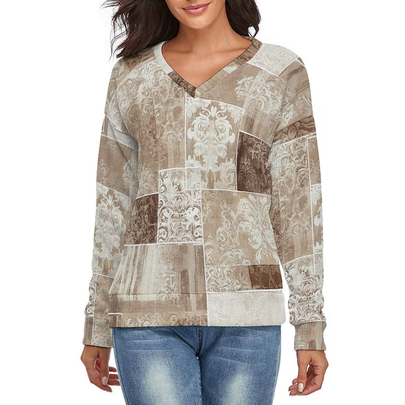 Beige Damask Patchwork Design V-neck Sweater Winter Clothes Long Sleeve ...
