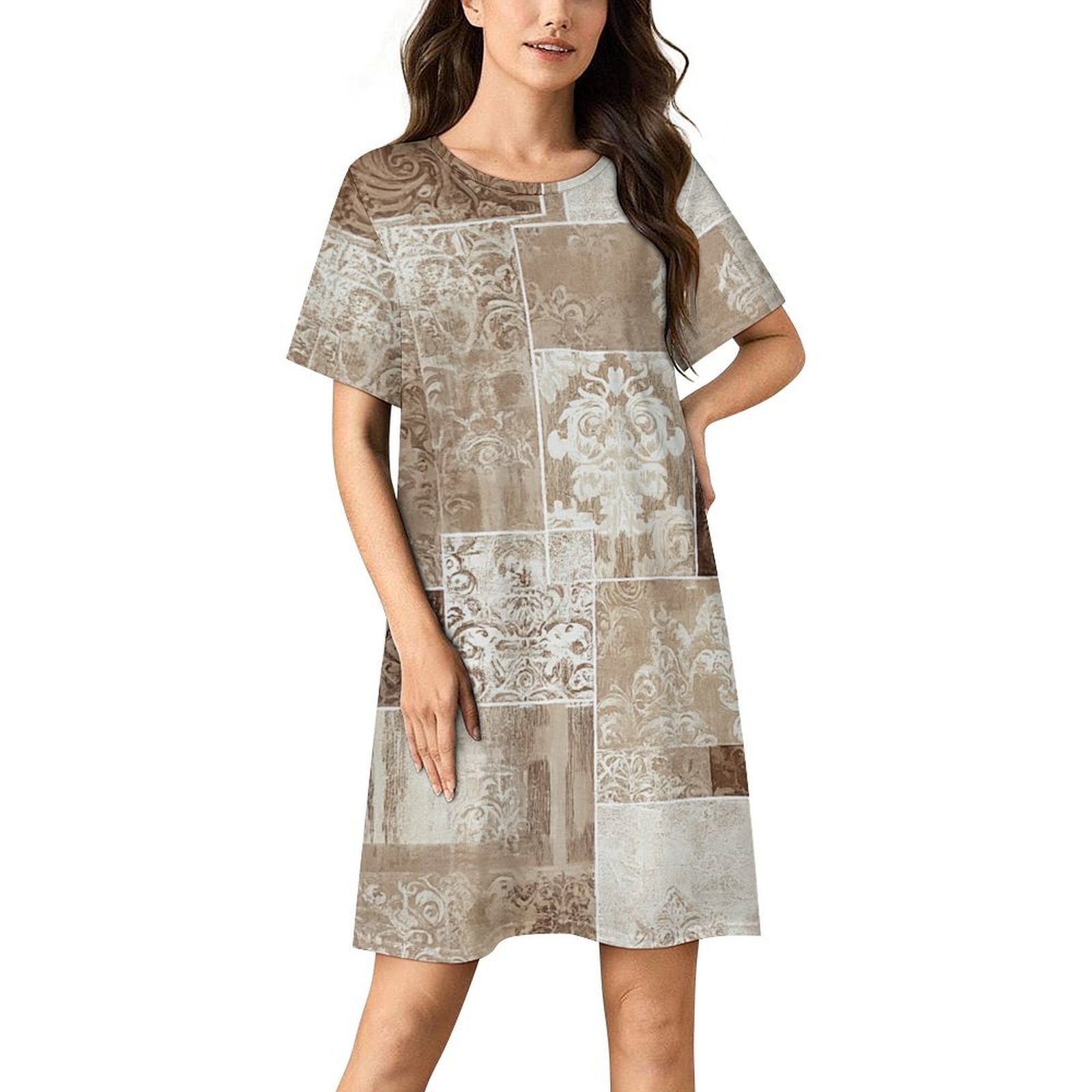 Beige Damask Patchwork Design Women Nightgown Sleepwear Short Sleeves ...
