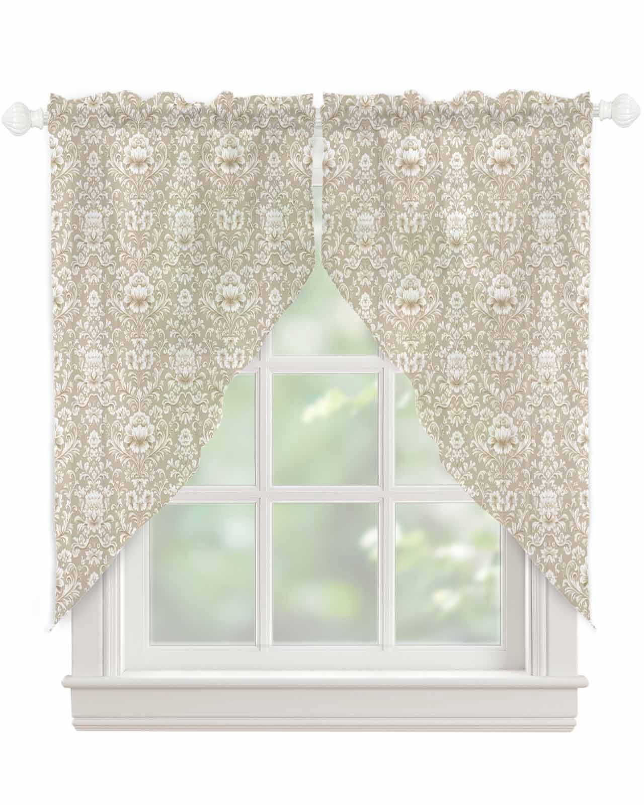 Beige Damask Swag Valances for Windows, Vintage Country Scroll Floral ...