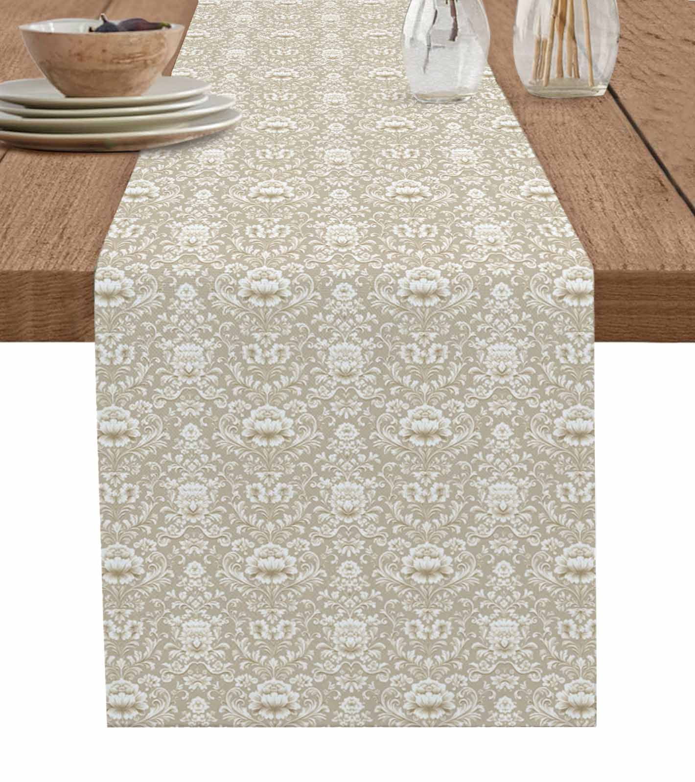 Beige Damask Table Runner 72 Inches, Vintage Country Scroll Floral ...