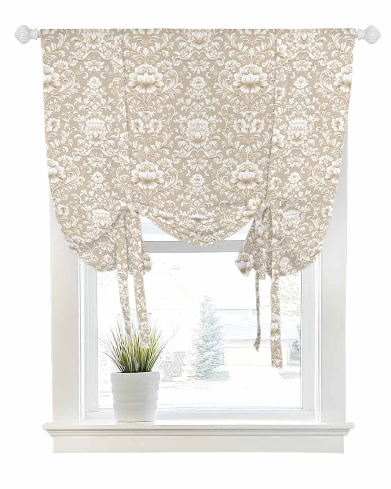 Beige Damask Tie Up Curtains for Window, Thermal Insulated Balloon Shade Adjustable Rod Pocket ...