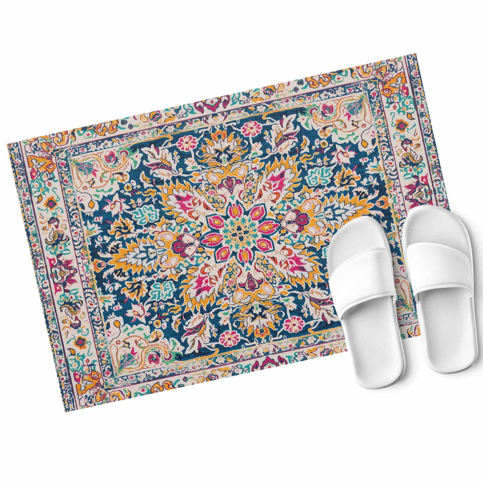 Beige Dark Blue Red Orange Flower Door Mat Ethnic Middle East Non Slip ...