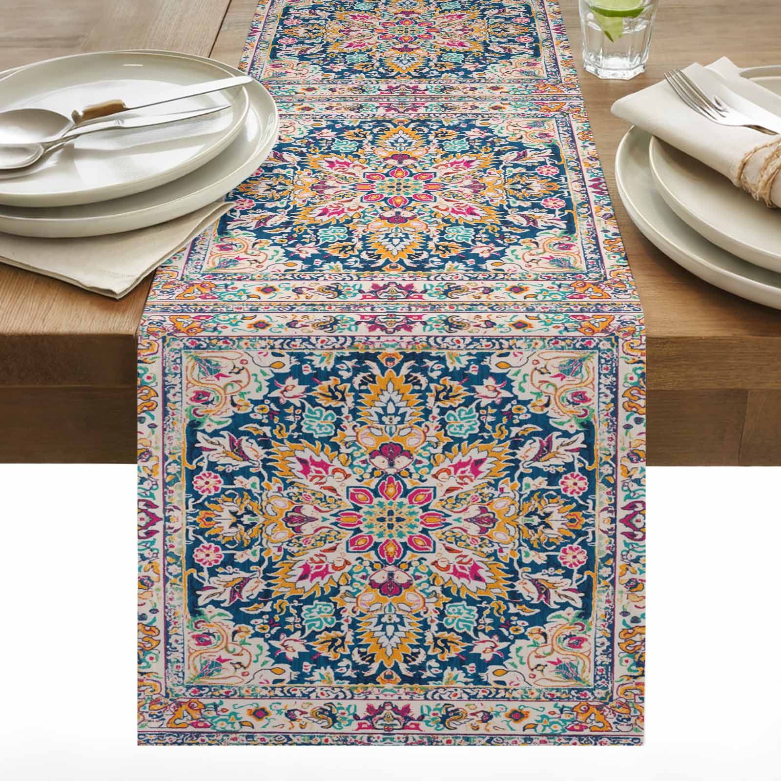 Beige Dark Blue Red Orange Flower Table Runner 13x120 inch Ethnic ...