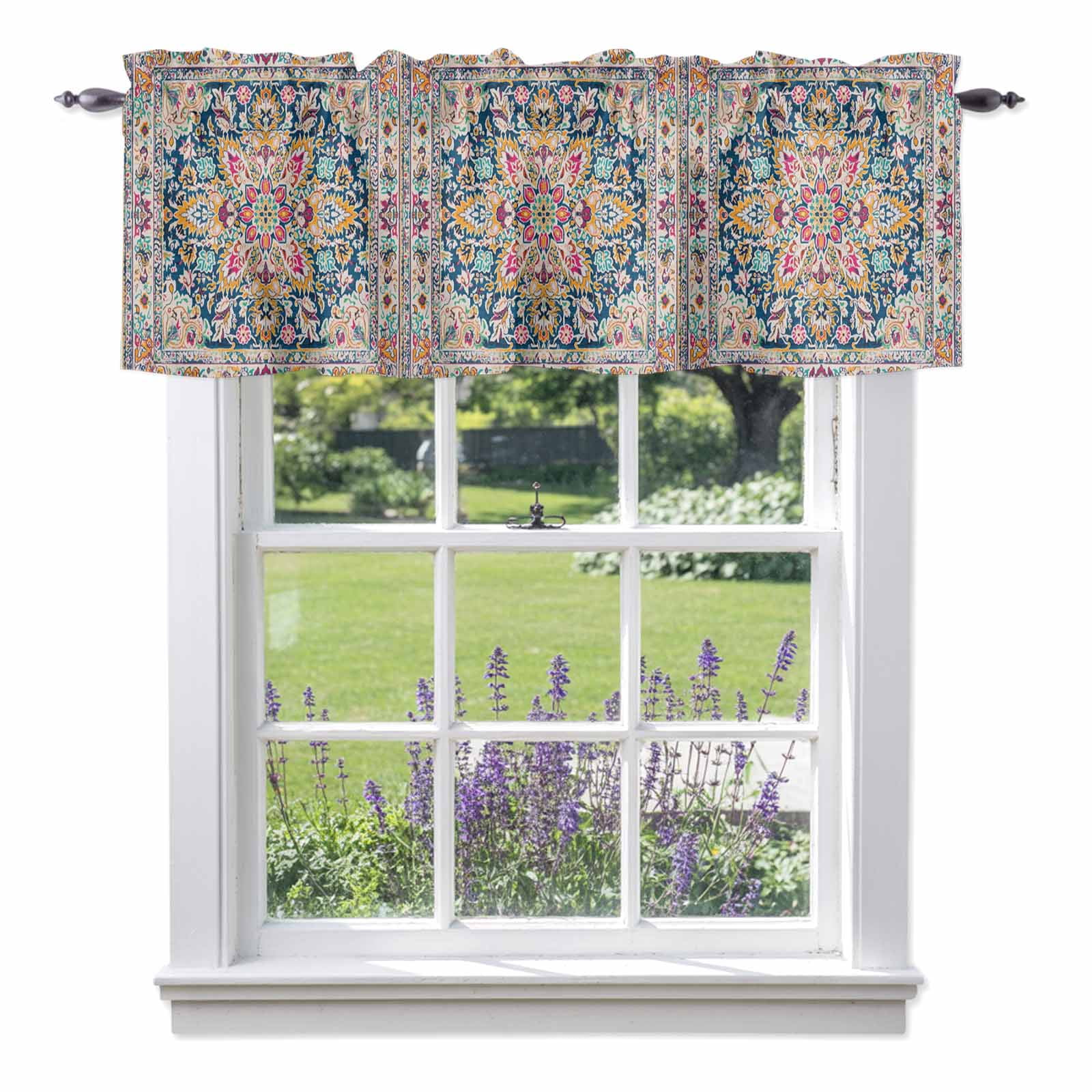 Beige Dark Blue Red Orange Flower Valances for Windows, Ethnic Middle ...