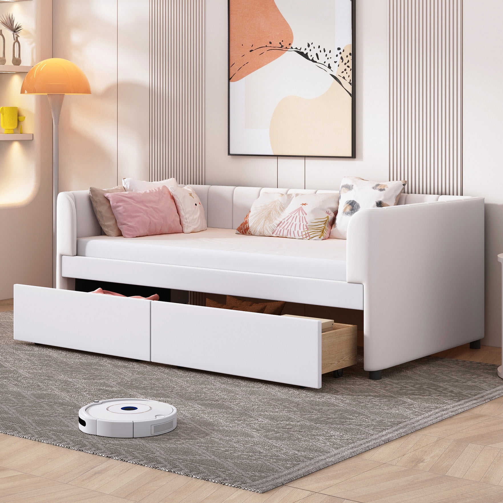 Beige Daybed with Stripe Headboard - Comfortable Lean and Drawer ...