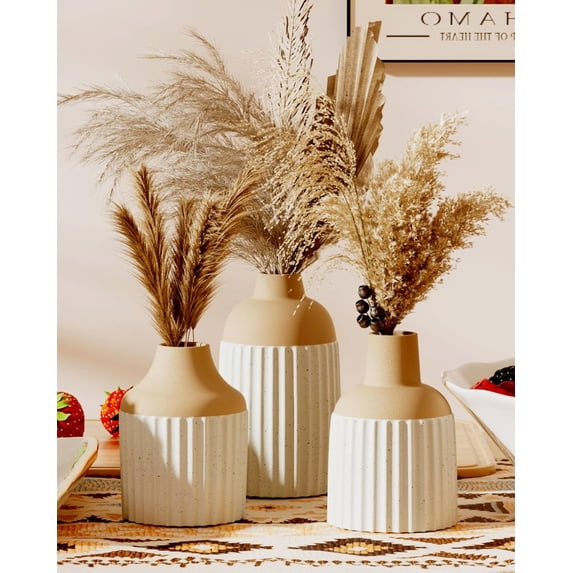 Beige Decorative Vase Set of 3 - Modern Boho Style Ribbed Ceramic Bud ...