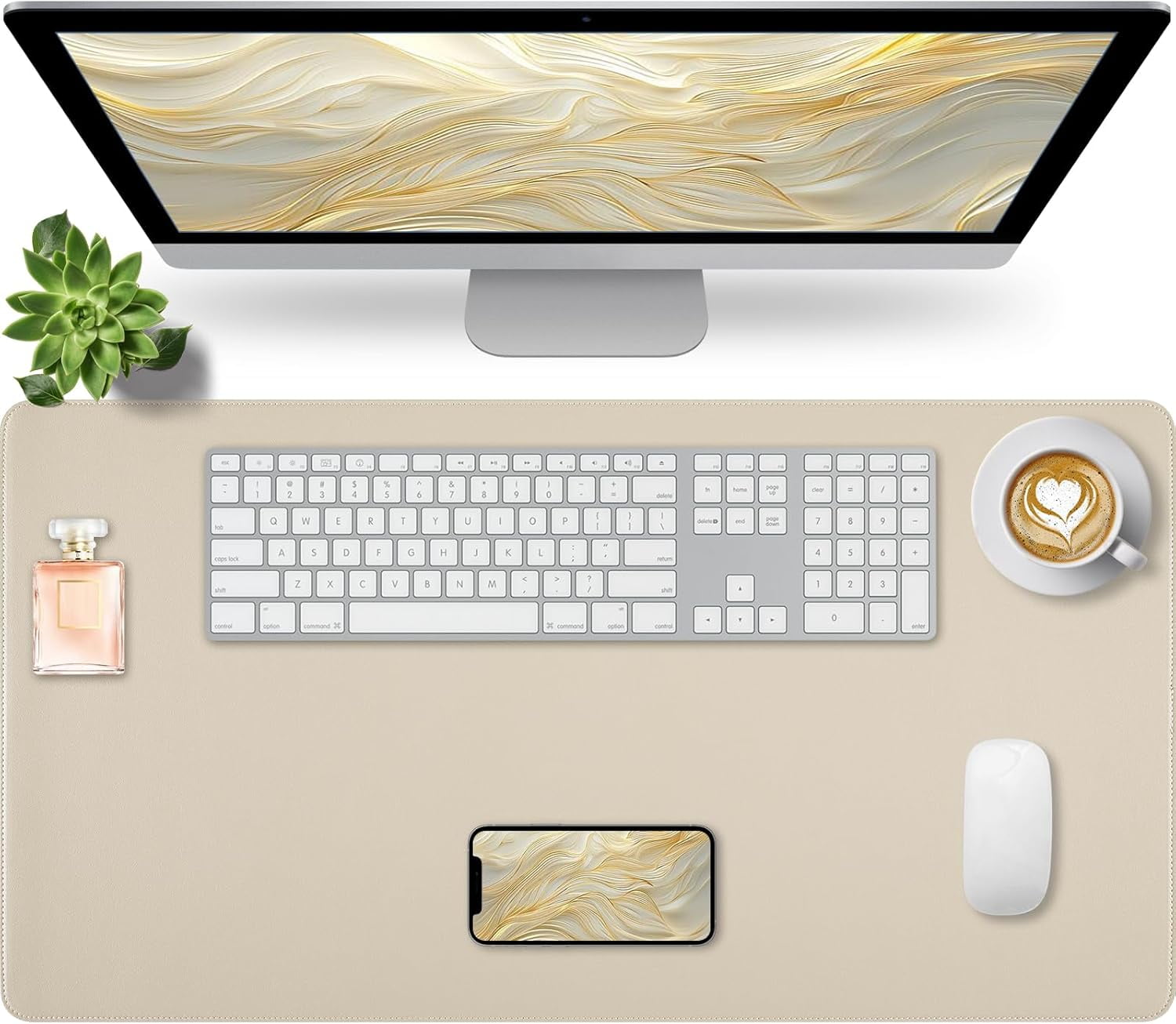 Beige Desk Mat with Stitched Edges, 31.5"×15.7" Keyboard Pad, Non-Slip ...