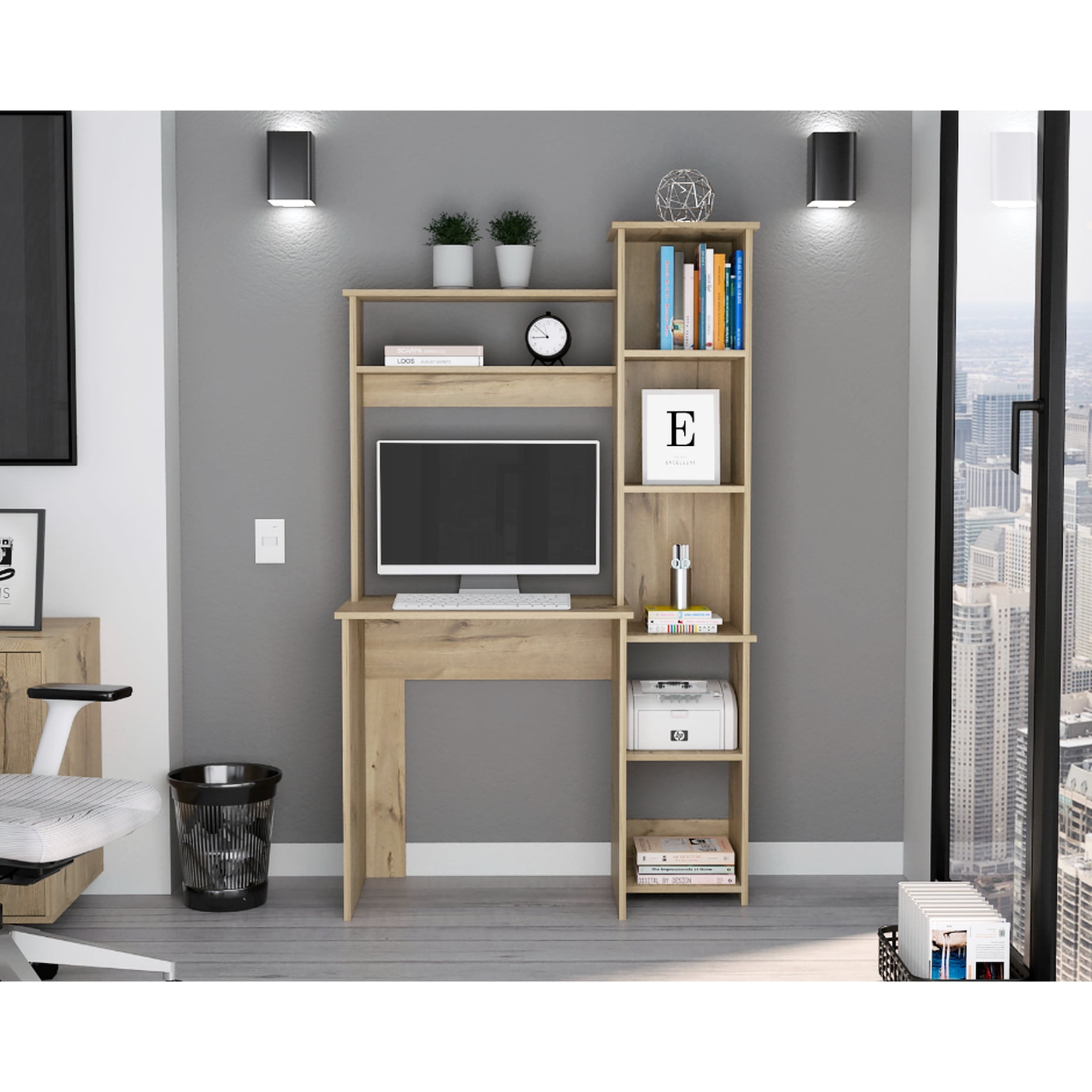 Beige Desk With Five Shelves And Two Superior Shelf Areas For Efficient ...