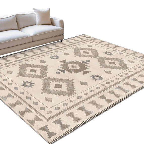 Beige Diamond Motifs Area Rug, Boho Tribal Ethnic Abstract Geometric ...