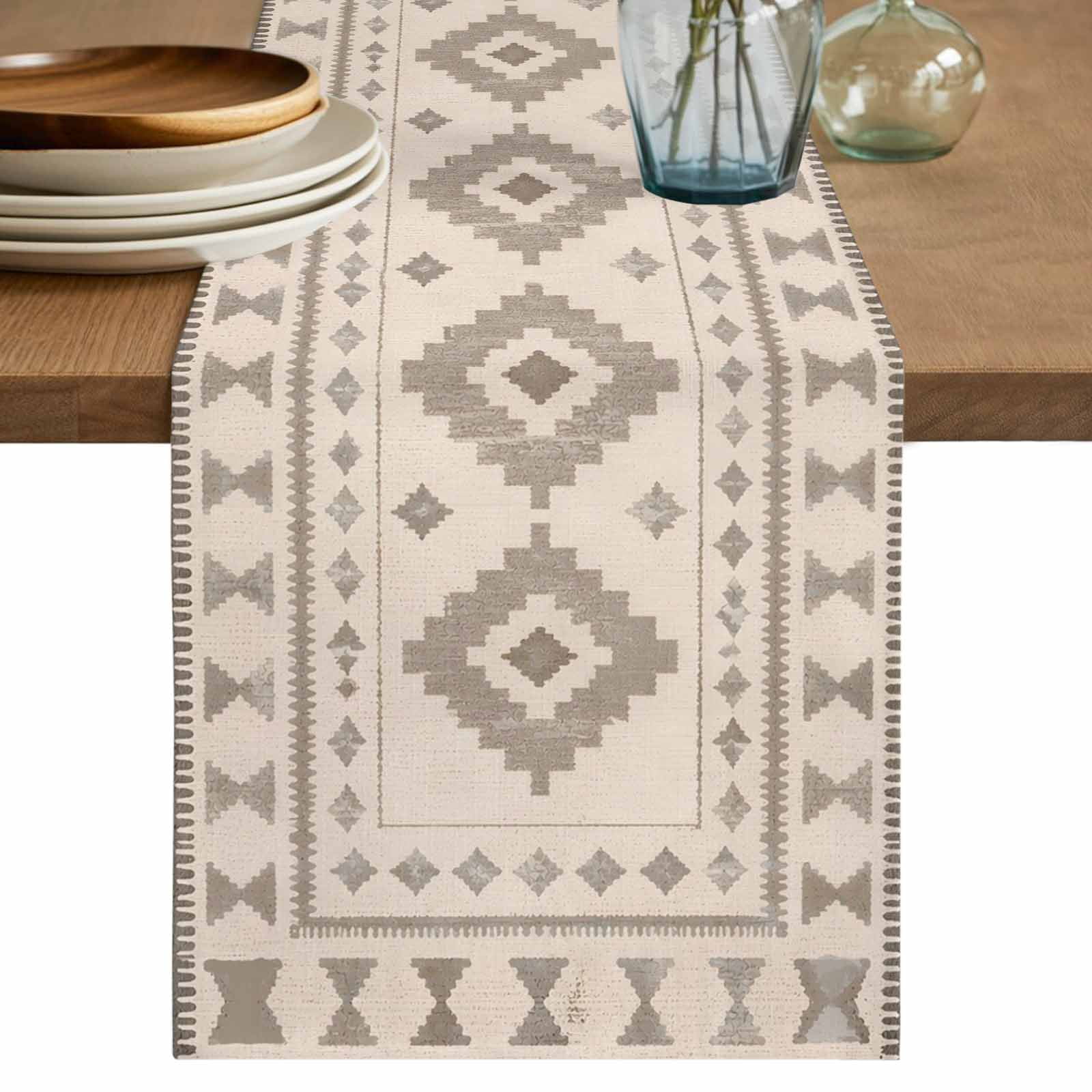 Beige Diamond Motifs Table Runner, Boho Tribal Ethnic Abstract ...