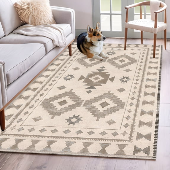 Beige Diamond Motifs Washable Area Rug 4x6 Boho Tribal Ethnic Abstract ...