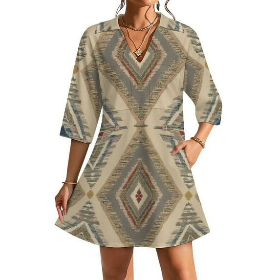 Beige Diamond Patterned Fabric Womens Dress With Pockets Summer V Neck ...