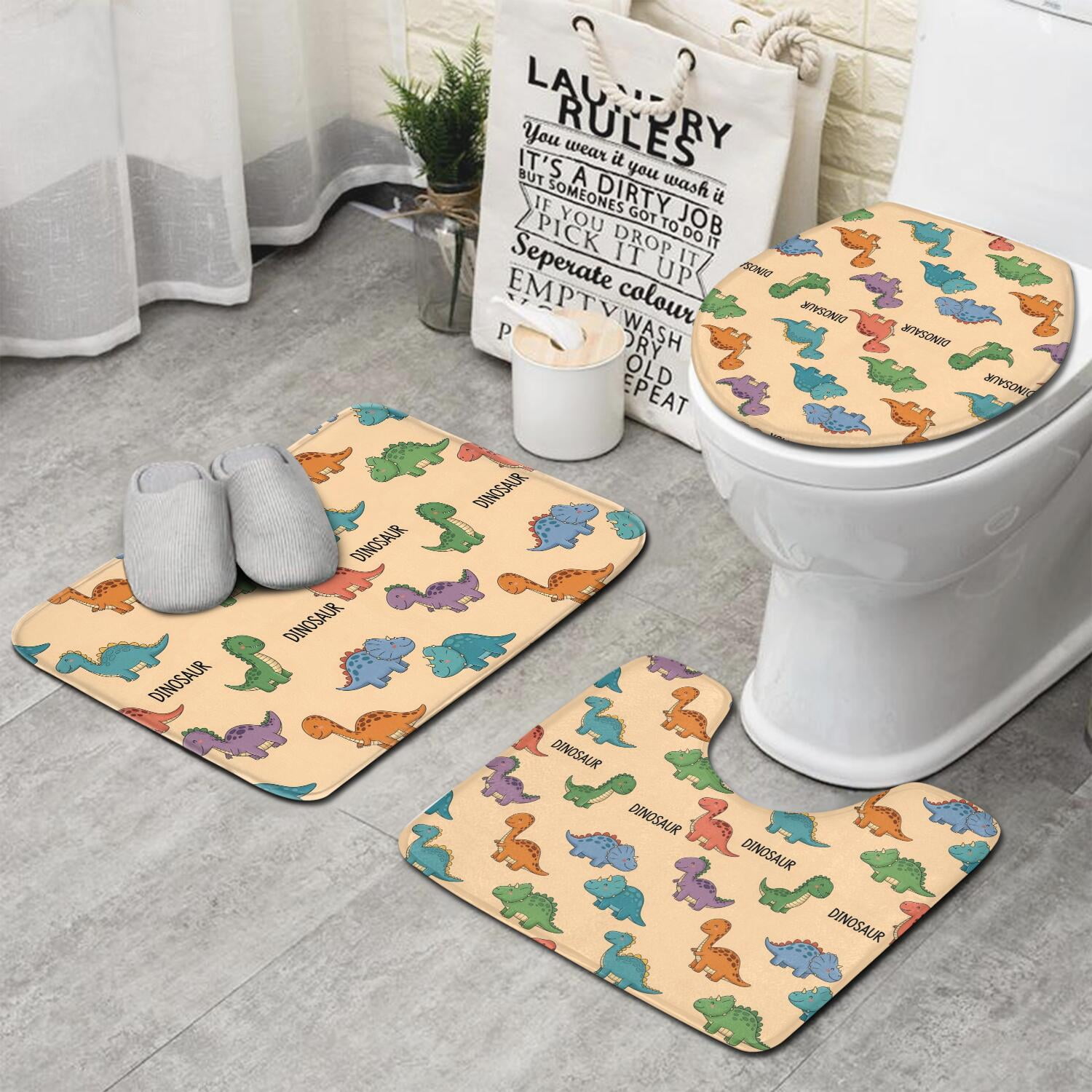 Beige Dinosaur Text Pattern Bathroom Rugs Sets 3 Piece,Toilet Cover Set ...