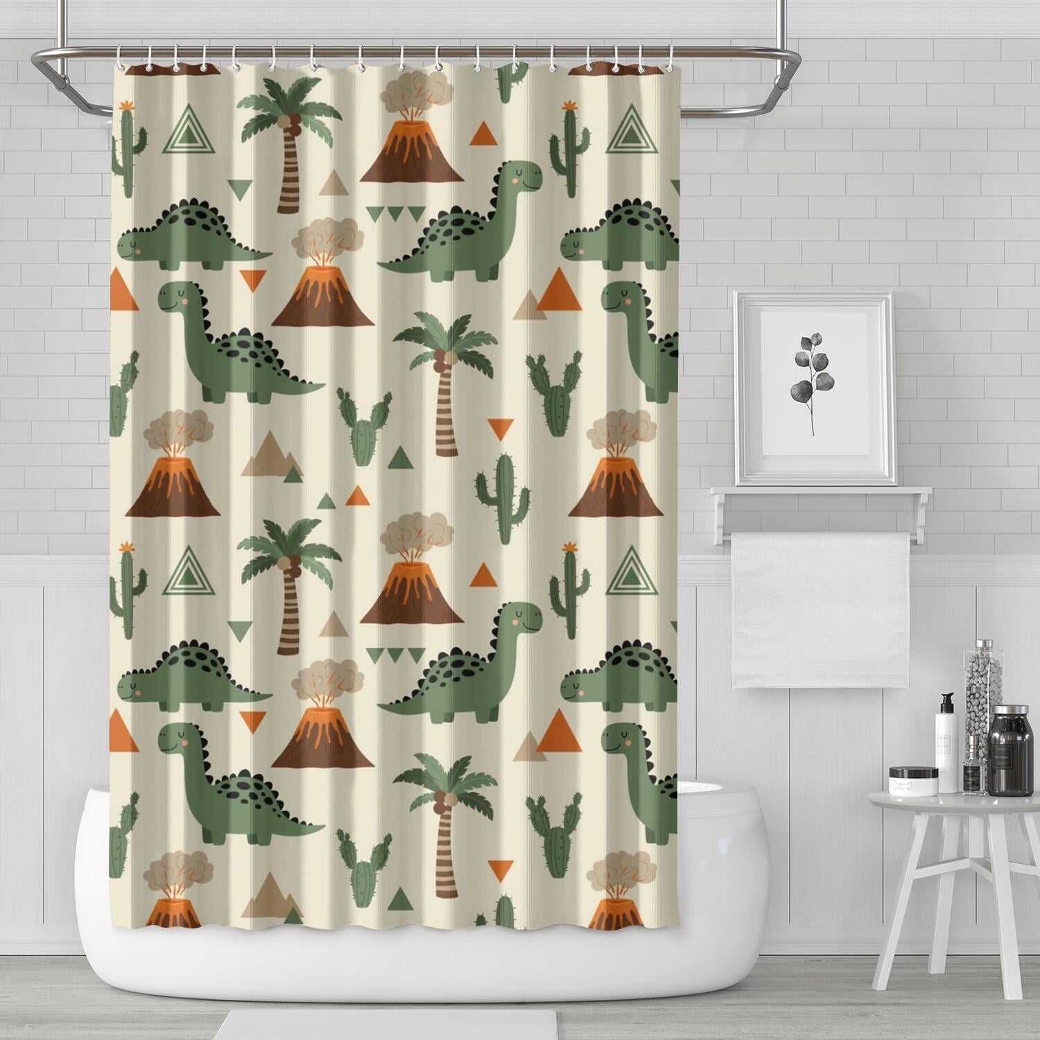 Beige Dinosaurs Volcanoes Pattern Shower Curtain 72"x72" ,Bathroom ...