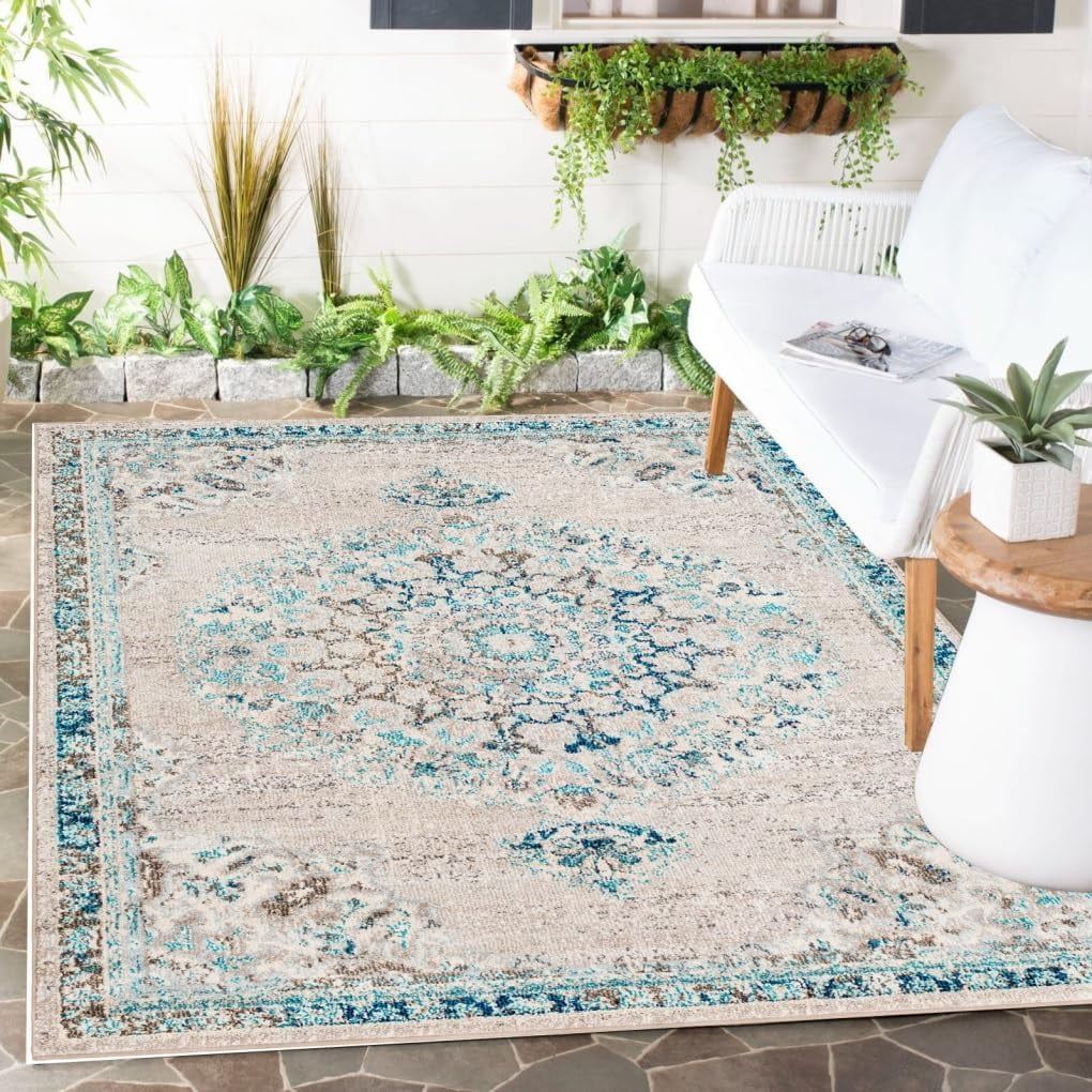 Beige Distressed Oriental Medallion Boho Outdoor Rug For Balcony Patio ...