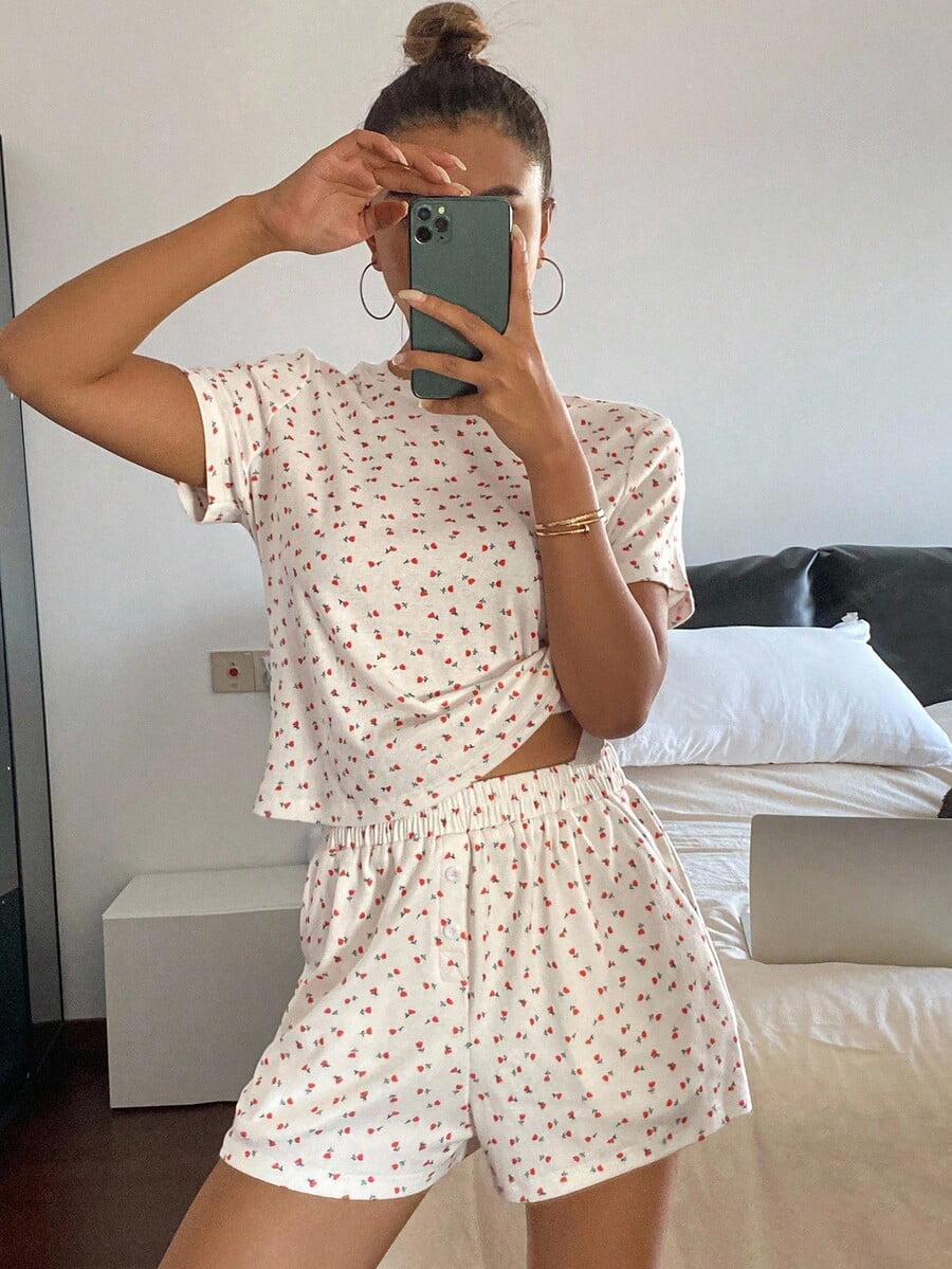 Beige Ditsy Floral 2-Piece Short Sleeve Pajama Set For Women - Walmart.com