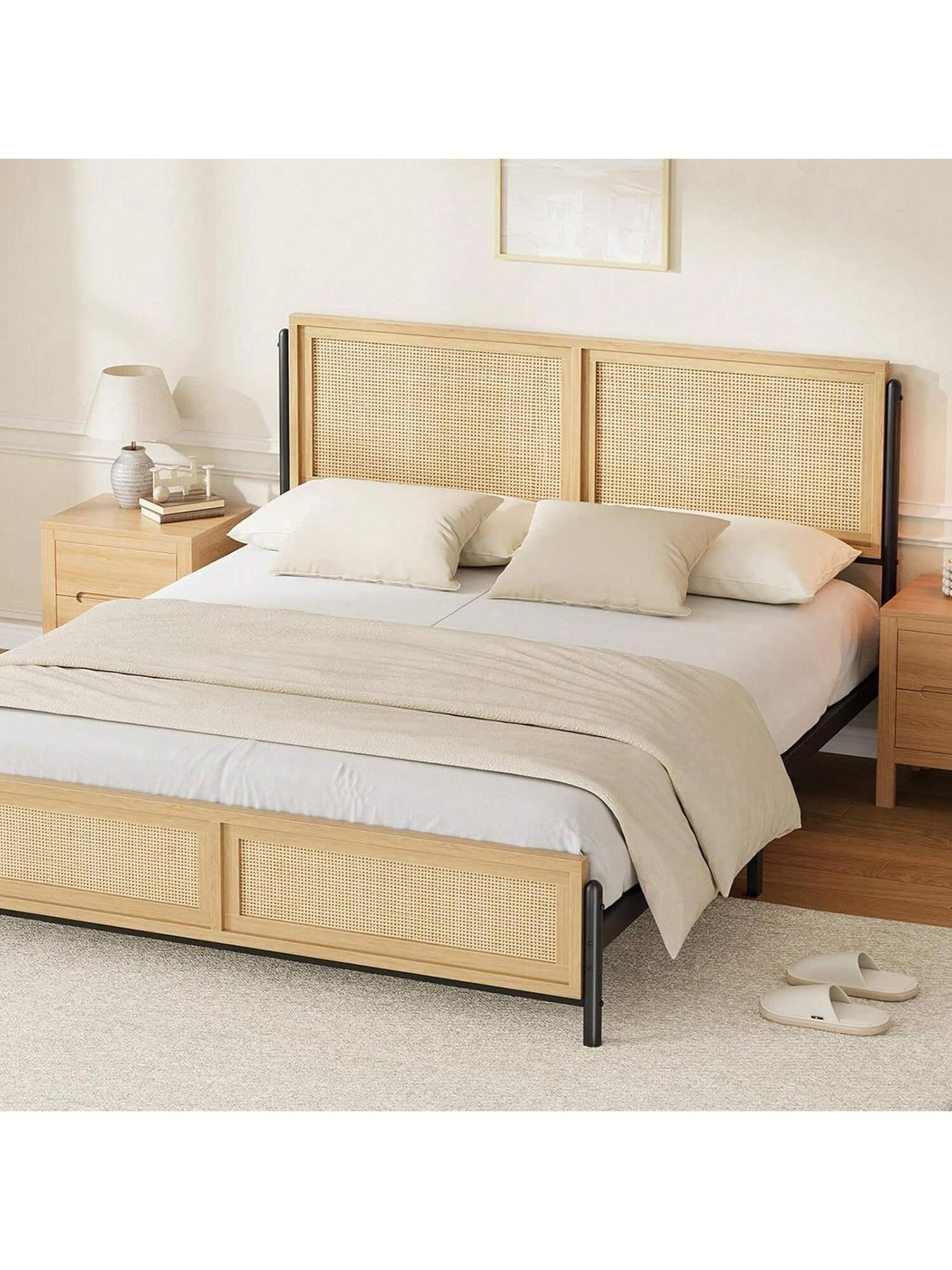 Beige Double Bed Bed Frame With Natural Rattan Headboard And Footboard ...