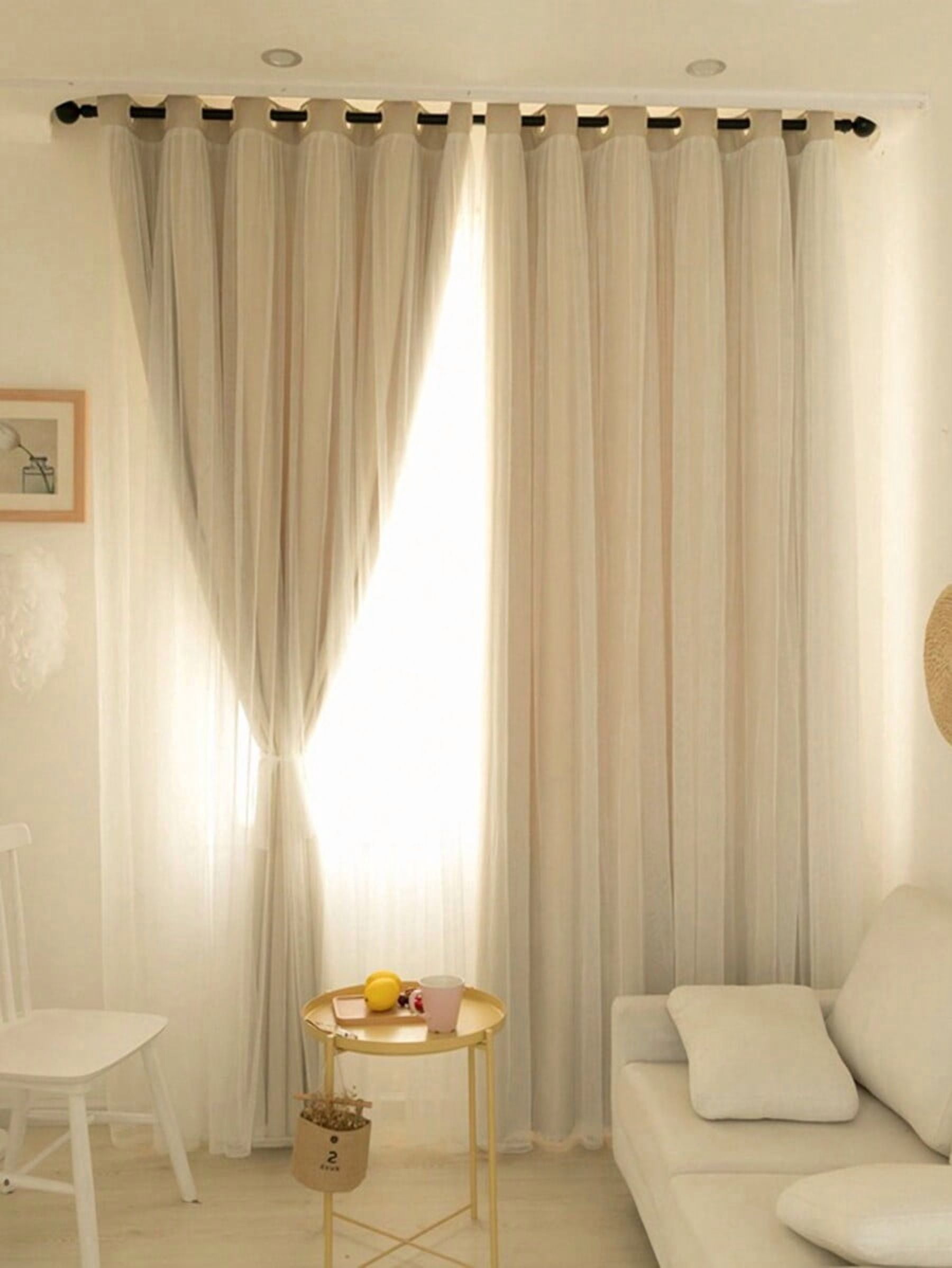 Beige Dual-Layer Mesh Sheer Window Curtain With Steel Grommets, 132cm ...