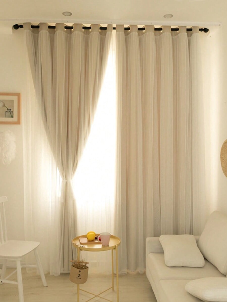 Beige Dual-Layer Mesh Sheer Window Curtain With Steel Grommets, 132cm ...