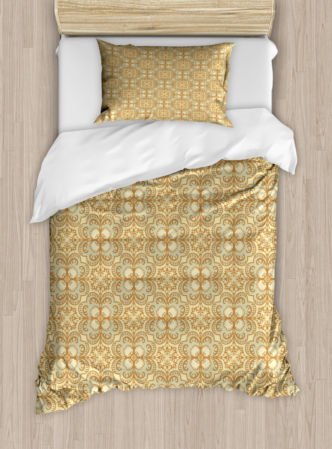 Beige Duvet Cover Set, Mosaic Linked Big Macro Floral Damask Patterns ...