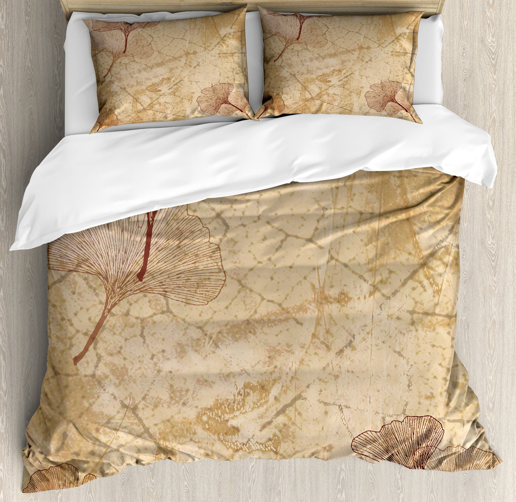 Beige Duvet Cover Set, Small Large Ginkgo Leaves Pattern Dramatic Dated ...