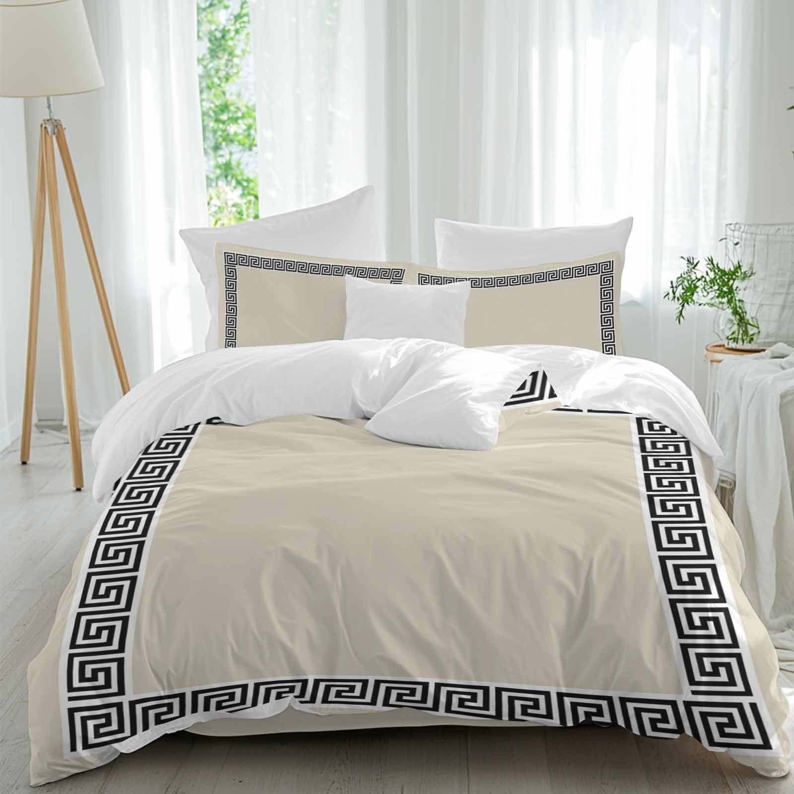 Beige Duvet Cover Set Twin Size Greek Chinese Style Border Geometric ...
