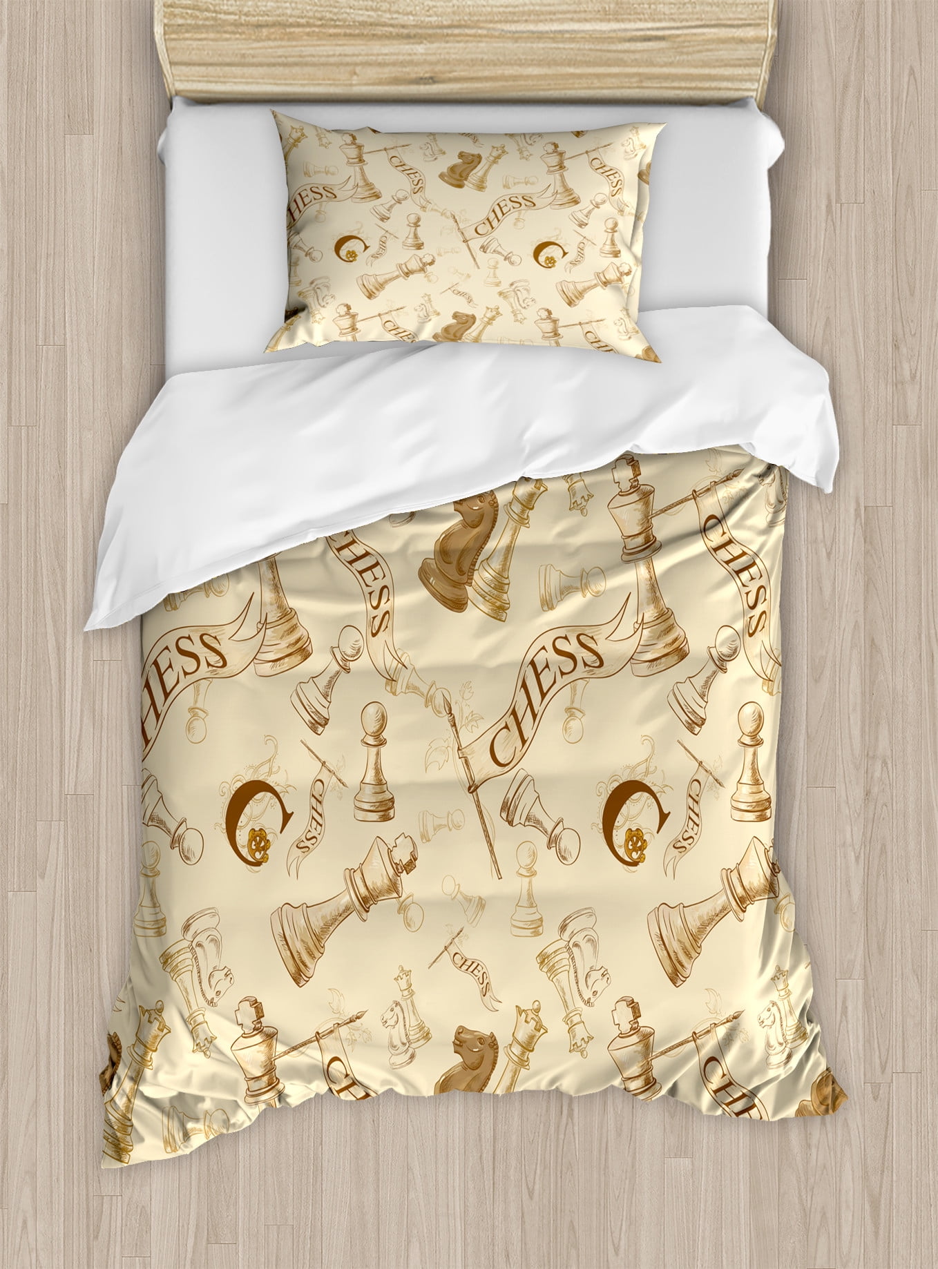Beige Duvet Cover Set, Various Sized Chess Game Pieces Players in ...