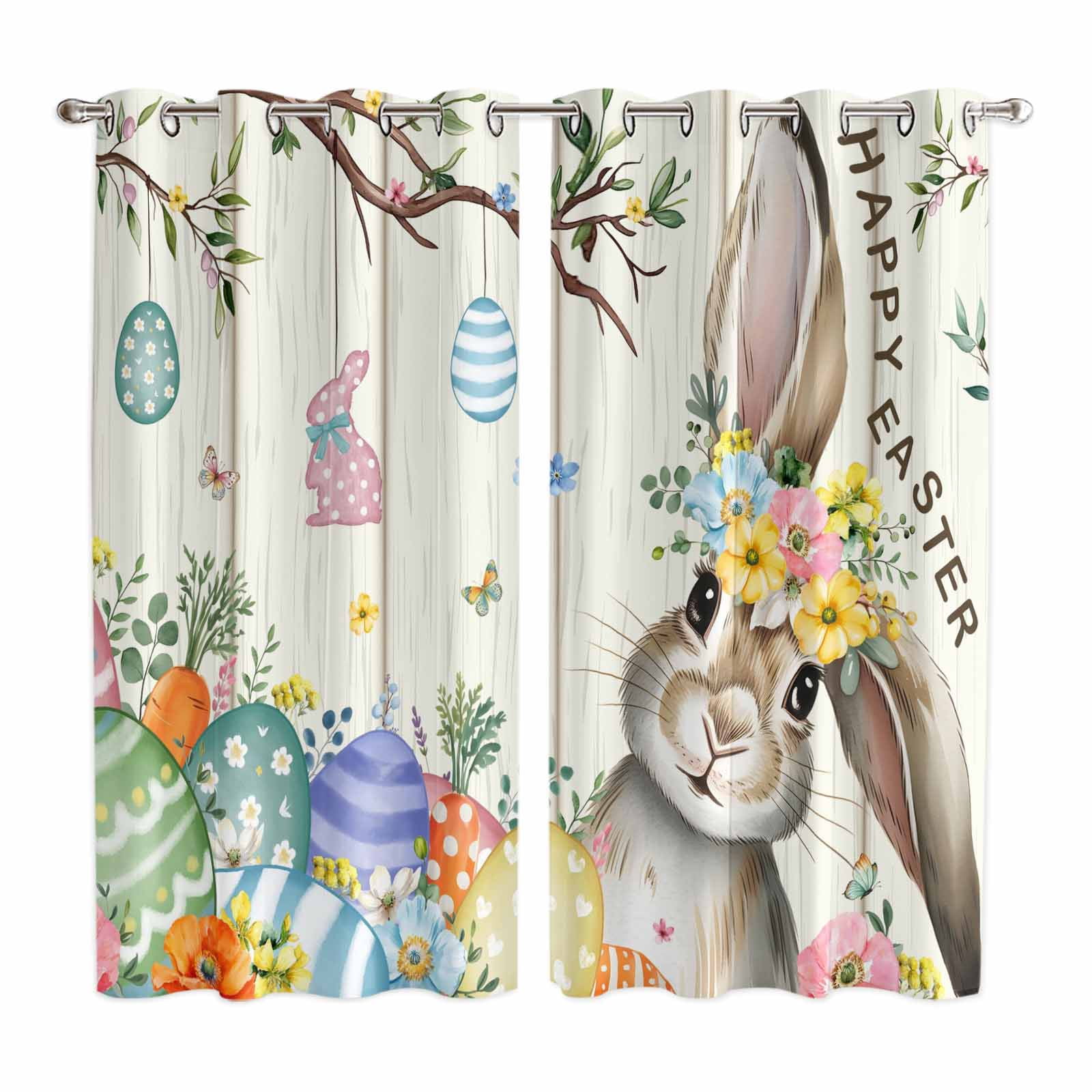 Beige Easter Bunny Kitchen Curtains Window Panels, Spring Easter Eggs ...