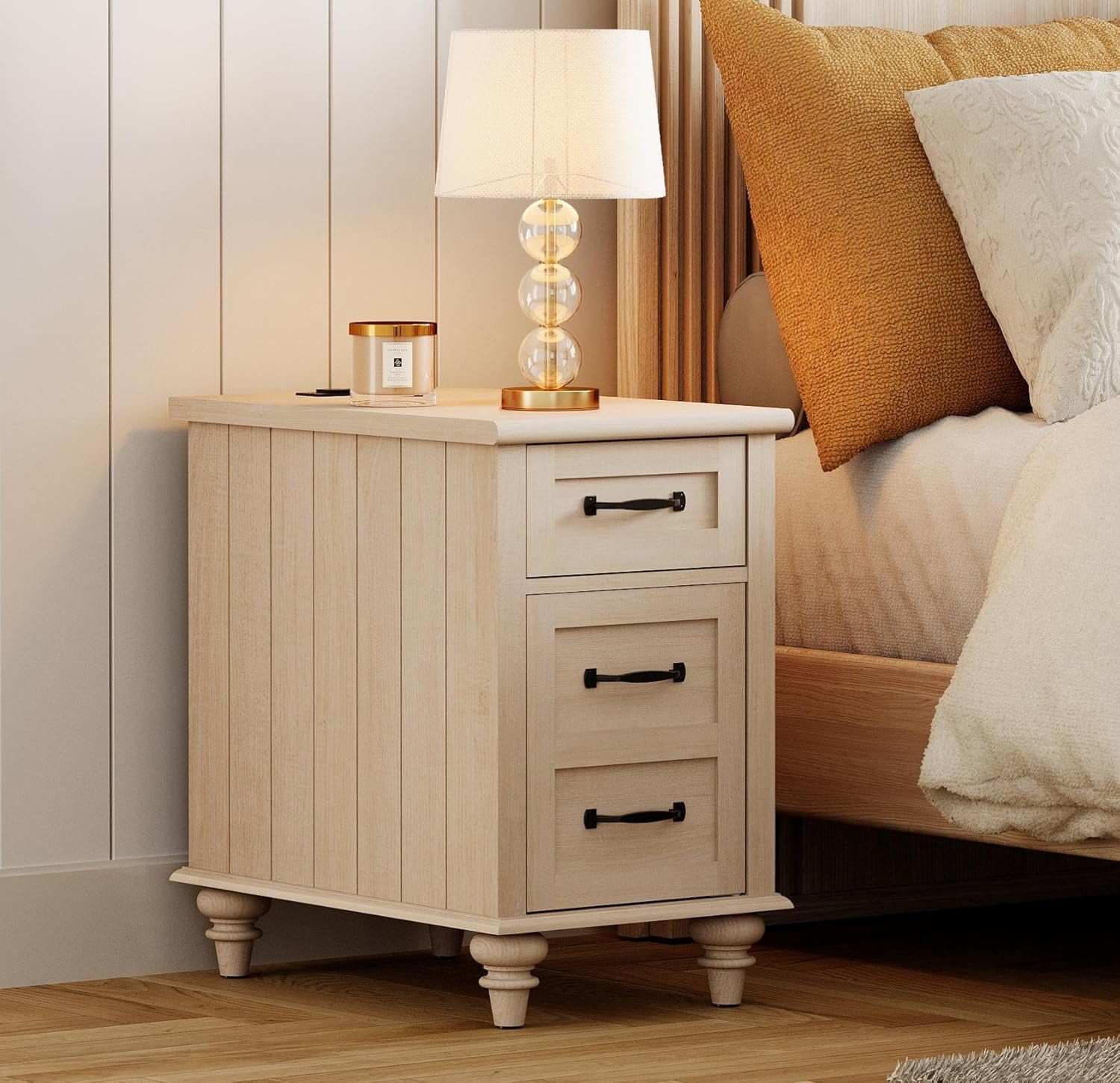 End Table with Charging Station, Beige Side Table with Storage Cabinet & Drawer, Wooden ...