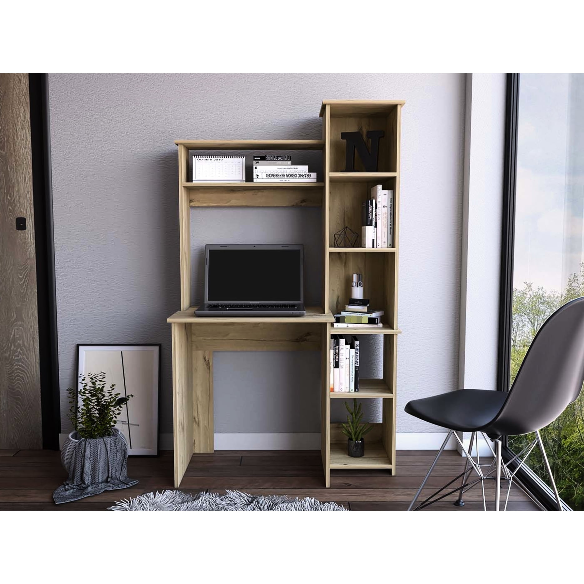 Beige Engineered Wood Office Desk With Six Shelves - Layout Rectangular ...