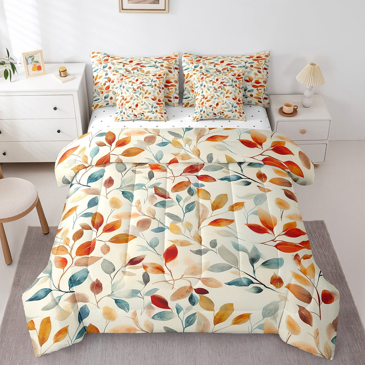 Beige Eucalyptus Leaves Fall Bedding King Size,Thanksgiving Seasonal ...