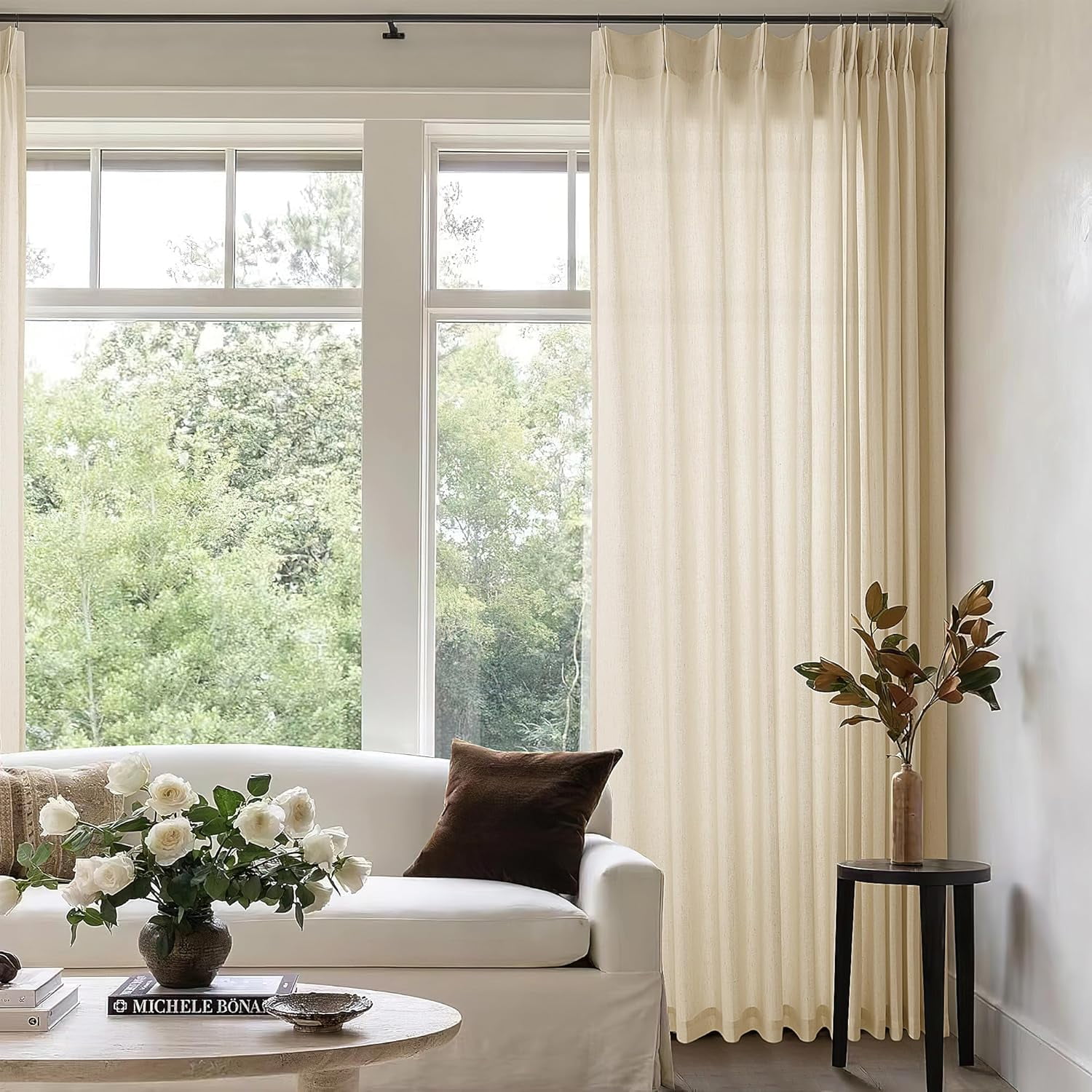 Beige Extra Wide Pinch Pleat Linen Curtains 84 Inches Long for Living ...