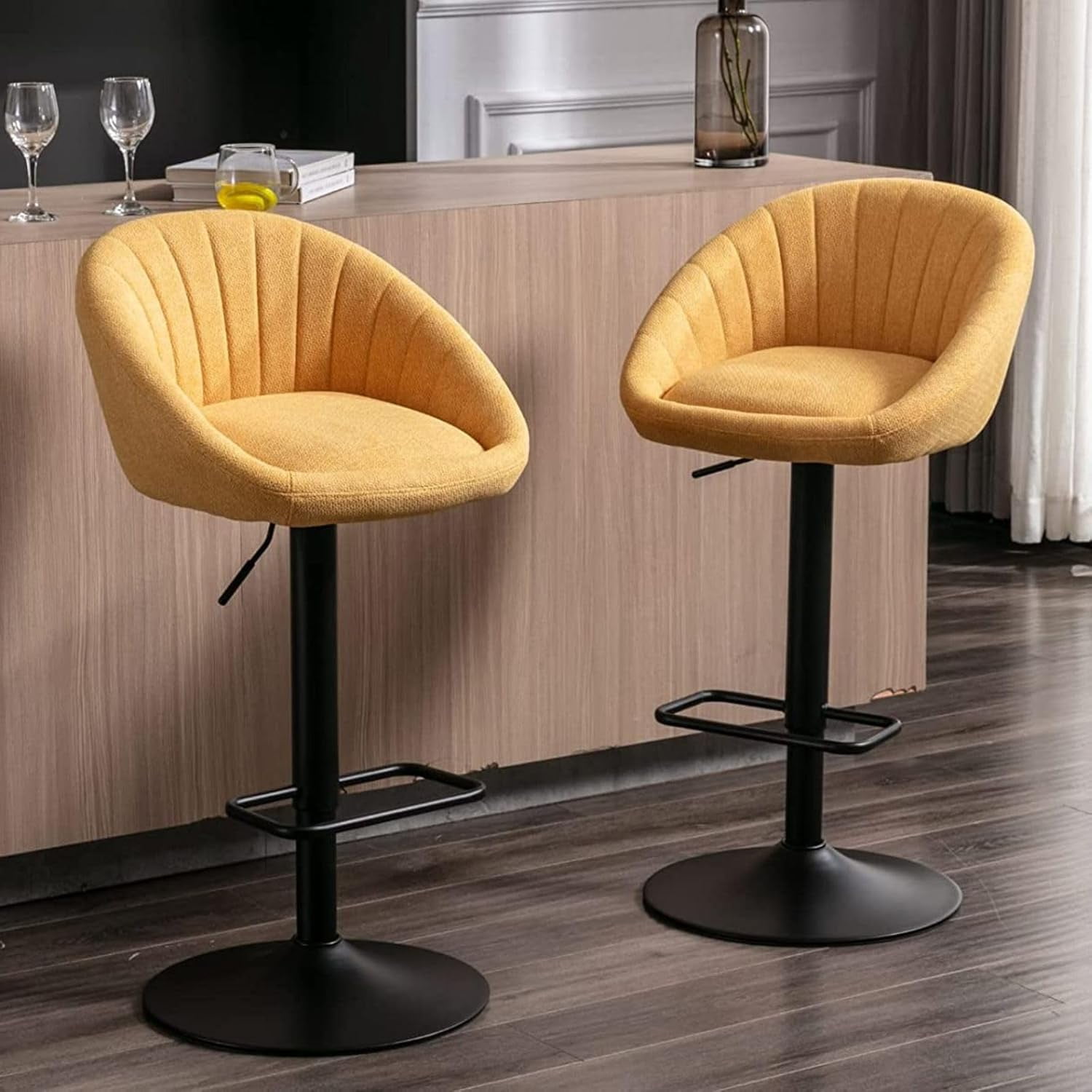 Beige Fabric Bar Stools Set of 2 Swivel Adjustable Counter Height ...