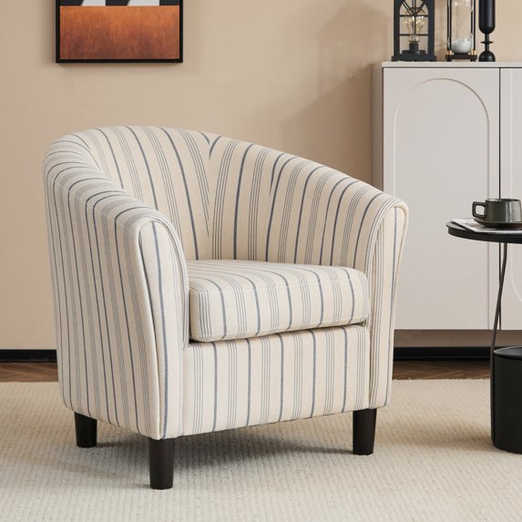 Beige Fabric Barrel Chair with Blue Stripes, 29.5”W | Heavily ...