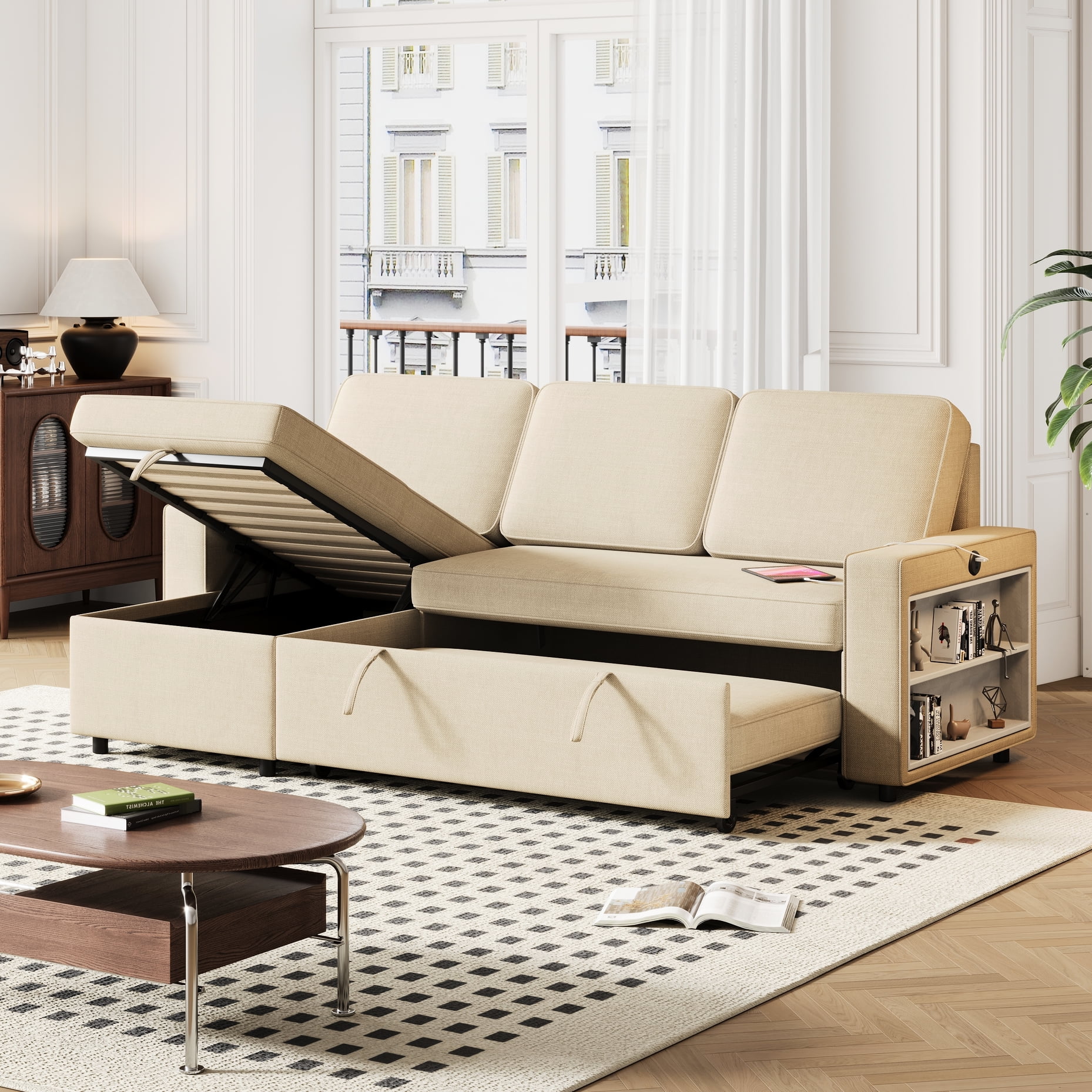 Beige Fabric Bed With Large Storage, Soft & , 85.8 Sleeper Construction ...