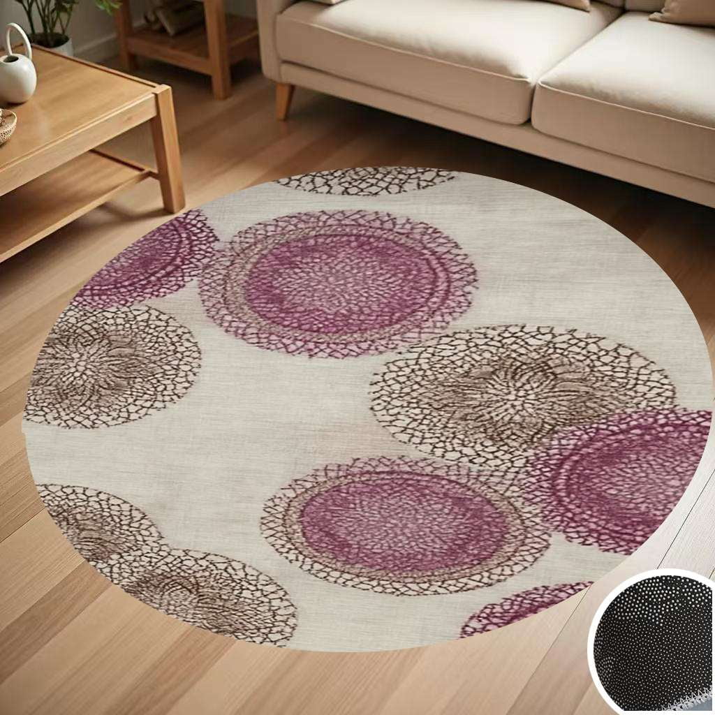 Beige Fabric Purple Circles Design Round Carpet Living Room Bedroom ...
