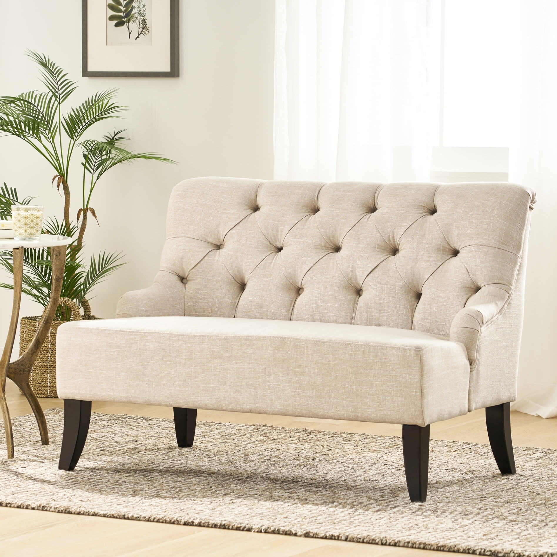 Beige Fabric Settee With Back And Solid Birch Leg Supports Chic Button ...