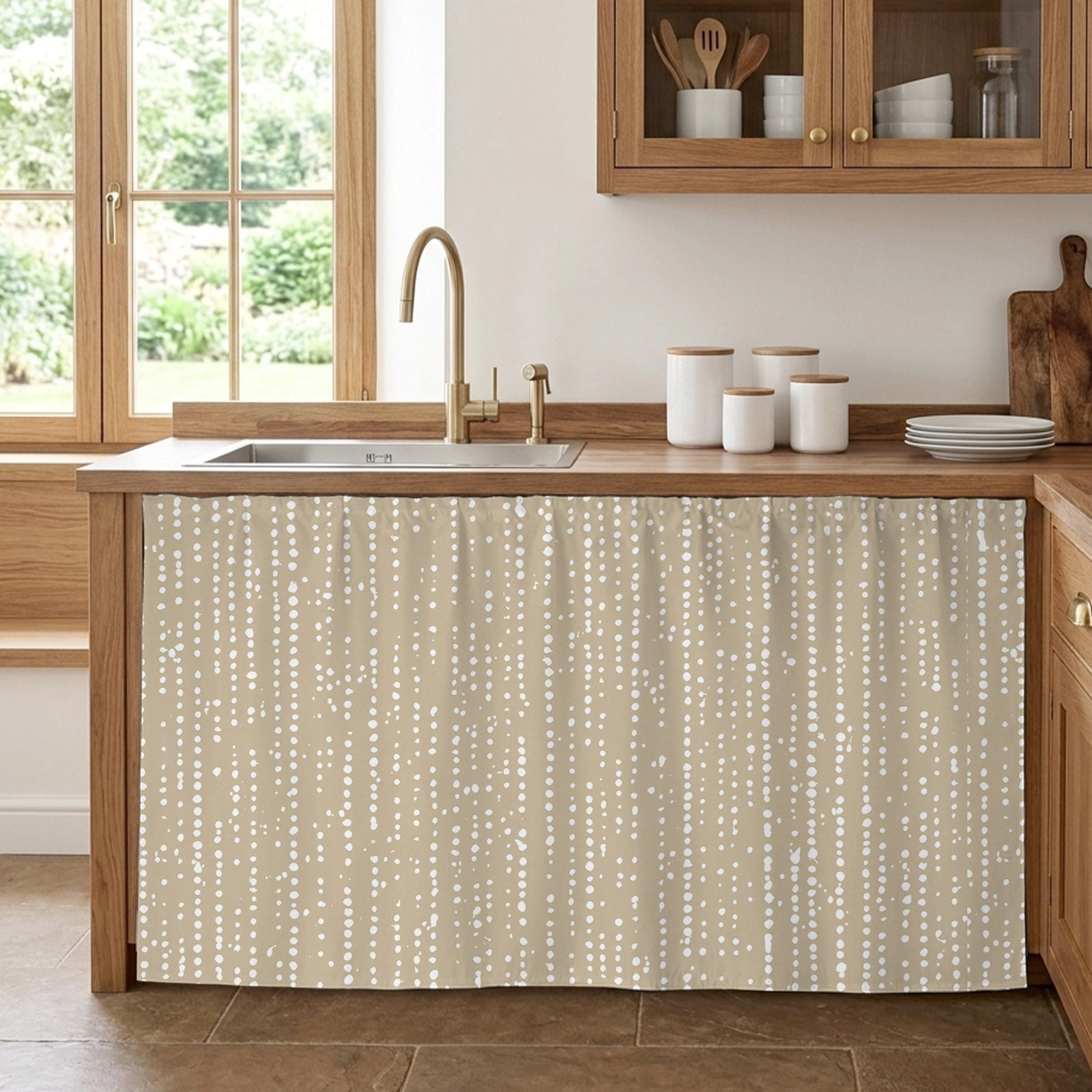 Beige Faded Stripes Cabinet Curtains 32" W x 55" L, Vintage Abstract ...