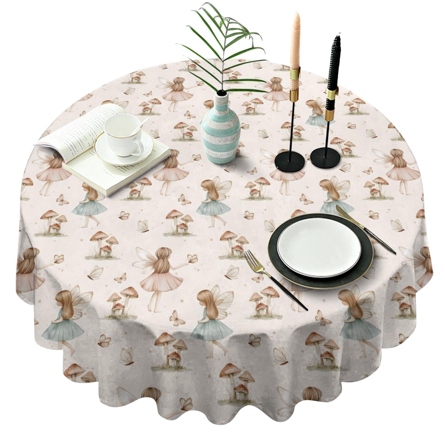 Beige Fairy Mushroom Pattern Round Tablecloth 60"x60",Wrinkle Wipeable ...