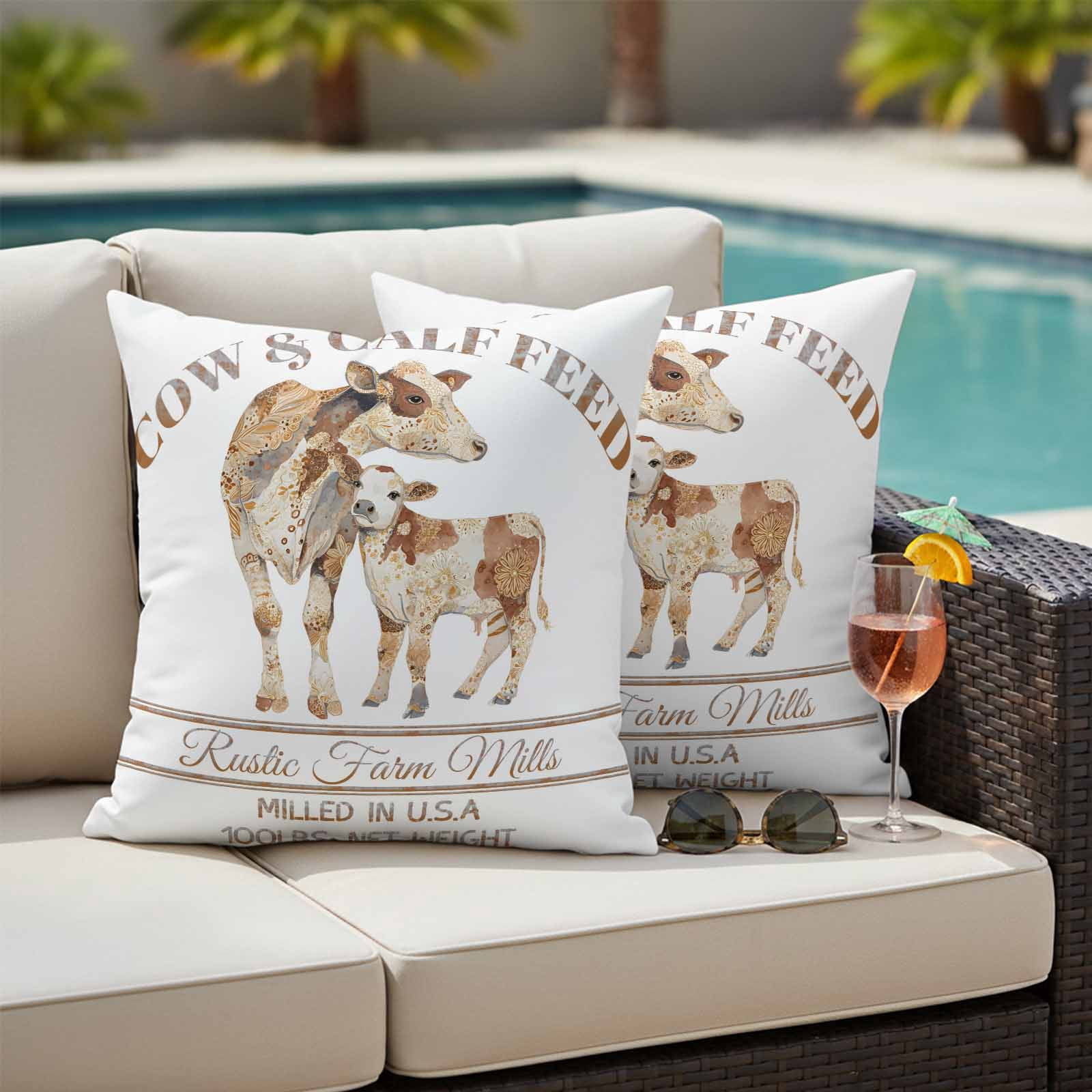 Beige Farm Animals Outdoor Pillow Covers 20x20 Inch Throw Pillow Covers ...