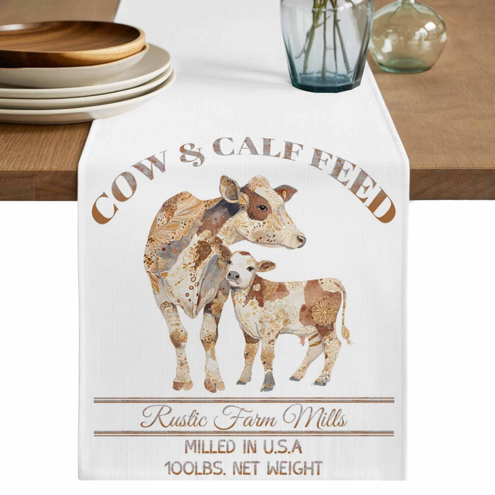 Beige Farm Animals Table Runner 70 Inches, Cow Farmhouse Bed Runner ...